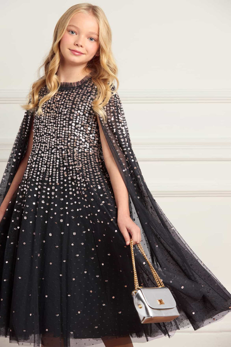 Moonlight Sequin Cape Kids Dress – Black | Needle & Thread