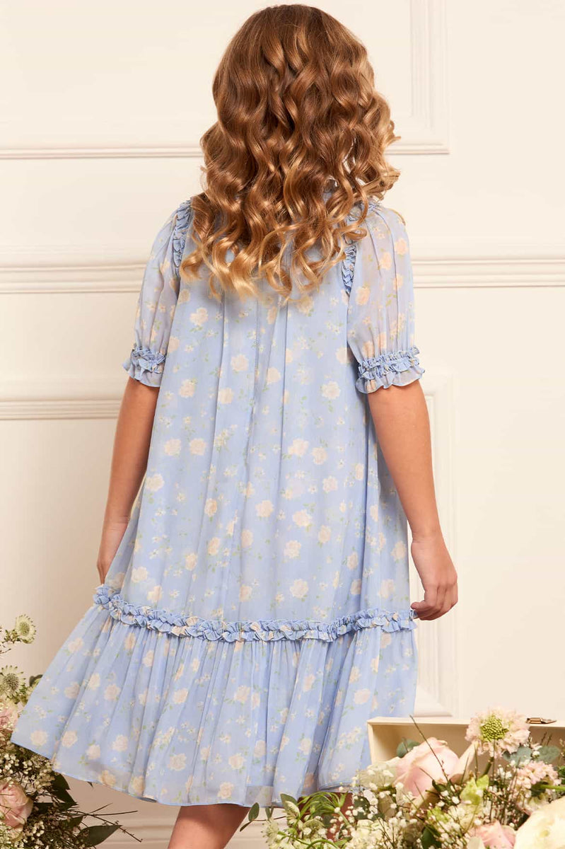 Rose Ditsy Chiffon Short Sleeve Kids Dress – Blue | Needle & Thread