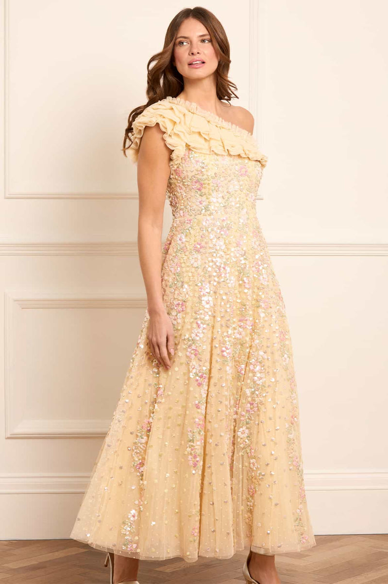 Confetti One-Shoulder Ankle Gown – Yellow | Needle & Thread
