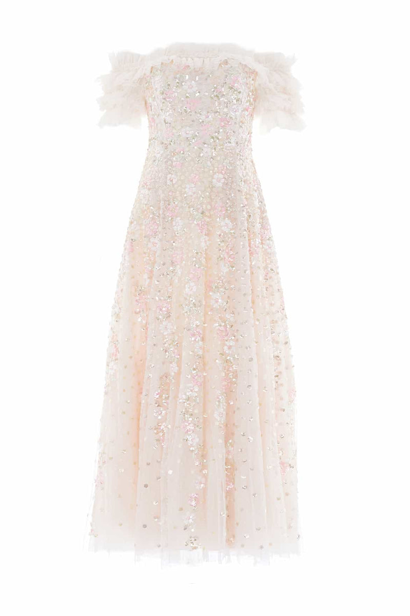 Confetti Ruffle Off-Shoulder Ankle Gown – Champagne | Needle & Thread