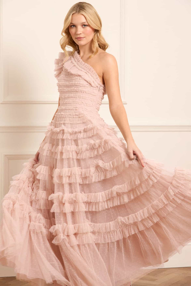 Lisette Ruffle One-Shoulder Gown – Pink | Needle & Thread