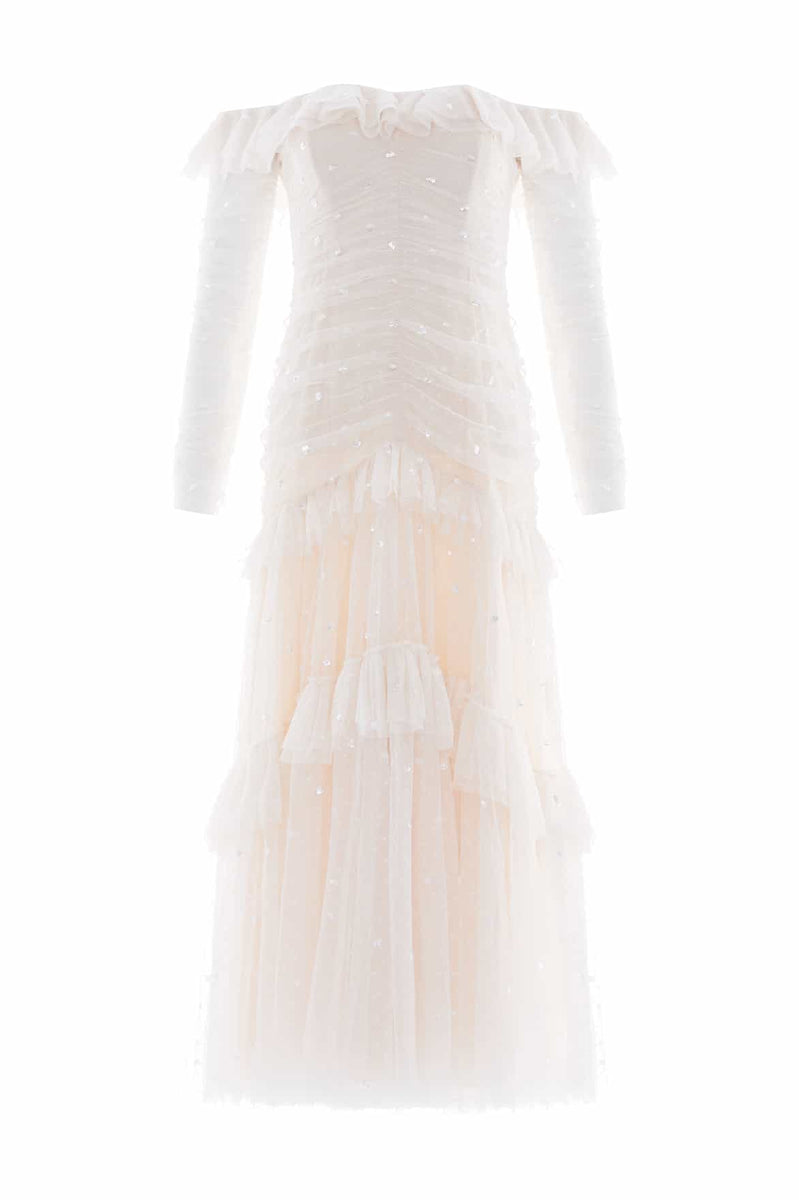 Sequin Glimmer Rouched Off-Shoulder Gown – Champagne | Needle & Thread