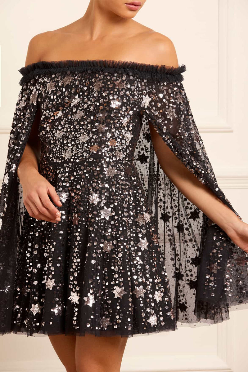 Shooting Stars Cape Micro Mini Dress – Black | Needle & Thread